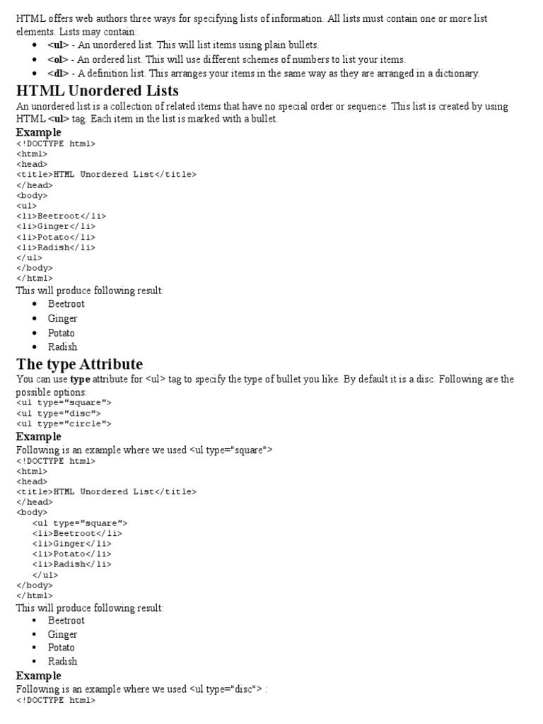 HTML Lists: Unordered, Ordered, Definition | PDF | Html Element | Html
