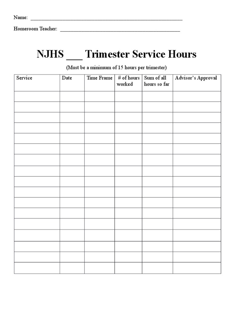 Njhs Service Hours Sheet | PDF