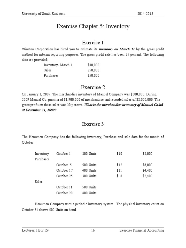 Exercise Chapter 5 Inventory Pdf Cost Of Goods Sold Inventory