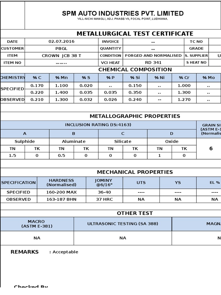 Metallurgical Test Report - Eye Forging (0201 00 00 00) | PDF