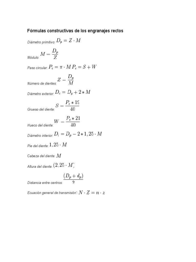 Fórmulas Constructivas de Los Engranajes Rectos | PDF