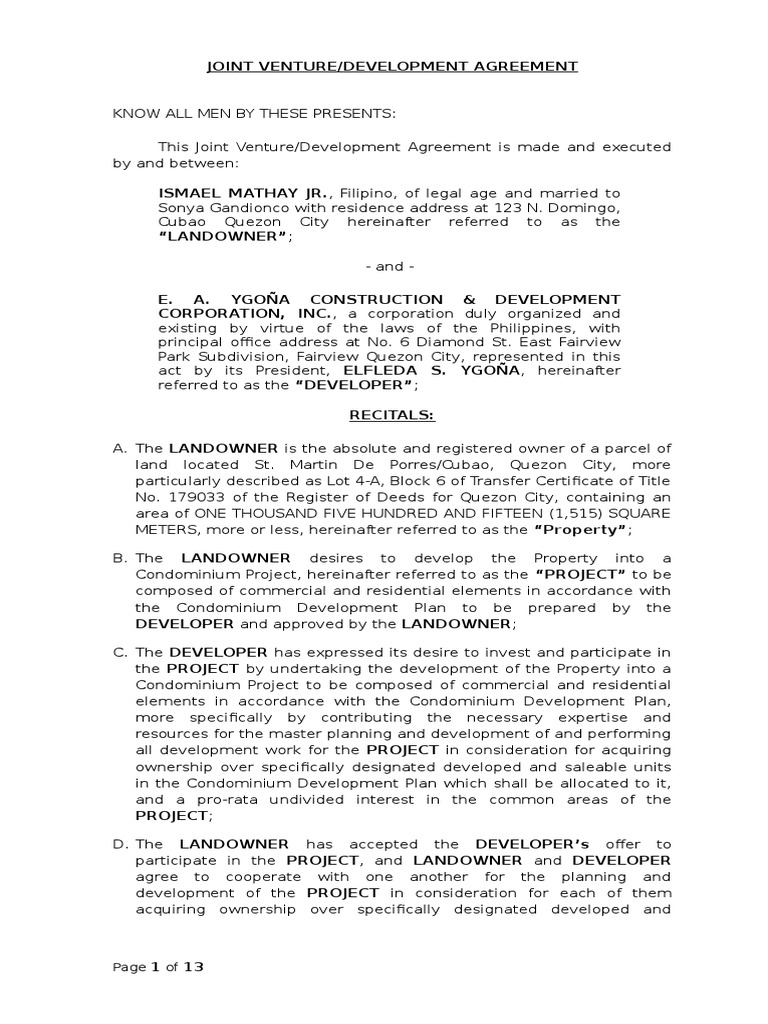 Joint Venture Development Agreement | PDF | Security Interest | Easement