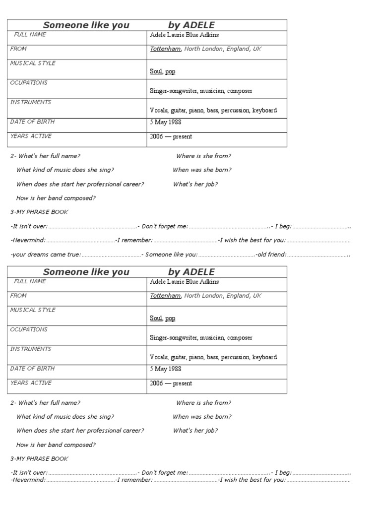 Someone Like You Worksheet by Adele | PDF