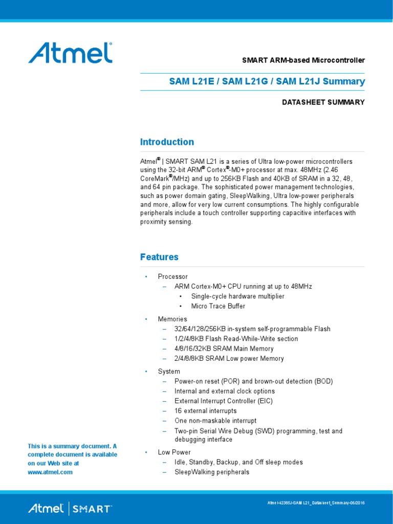 Atmel 42385 SAM L21 - Datasheet - Summary PDF | PDF | Arm Architecture ...