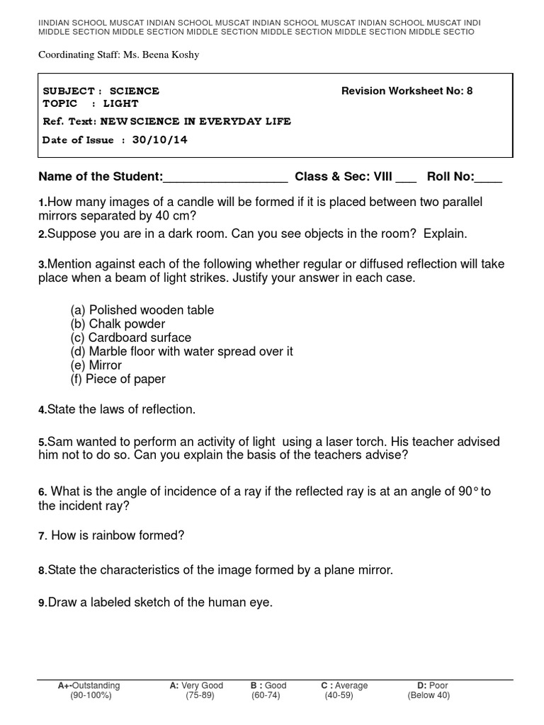 Class 8 Light Revision Worksheet | PDF