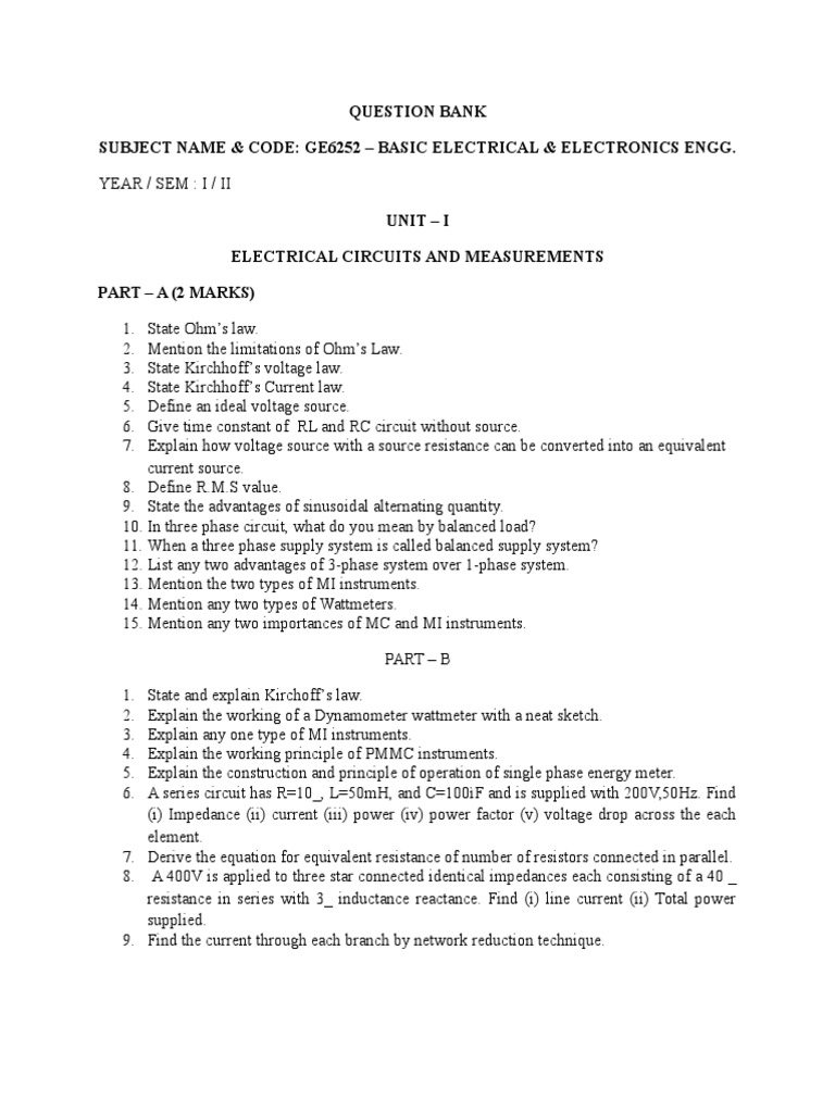 Question Bank Subject Name & Code: Ge6252 - Basic Electrical & Electronics Engg | PDF | P–N ...