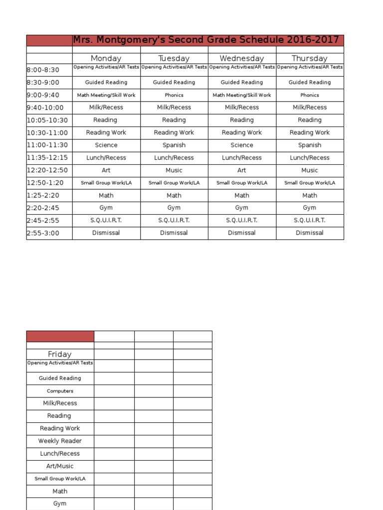 Mrs. Montgomery's Second Grade Schedule 2016-2017: Monday Tuesday ...