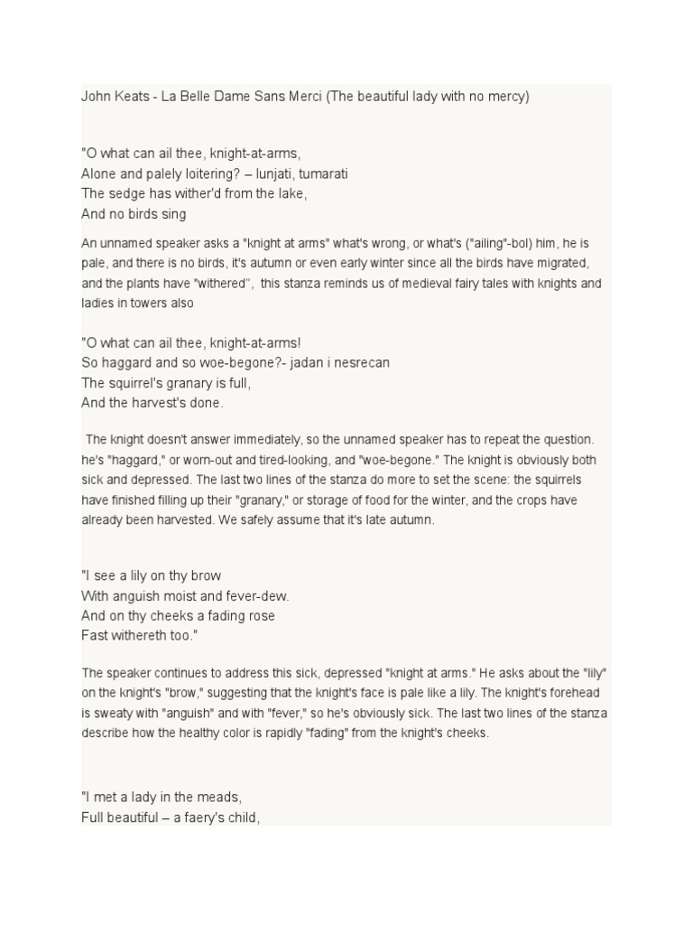 La Belle Dame Sans Merci Analysis | PDF
