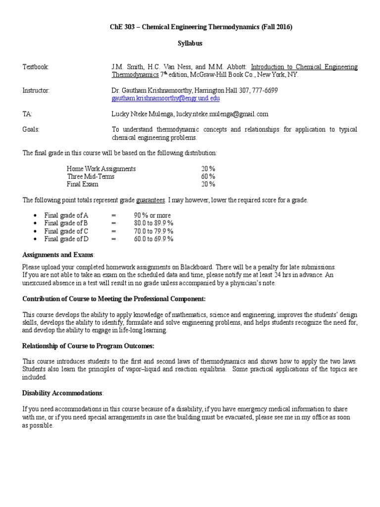 ChE 303 Thermodynamics Syllabus | PDF