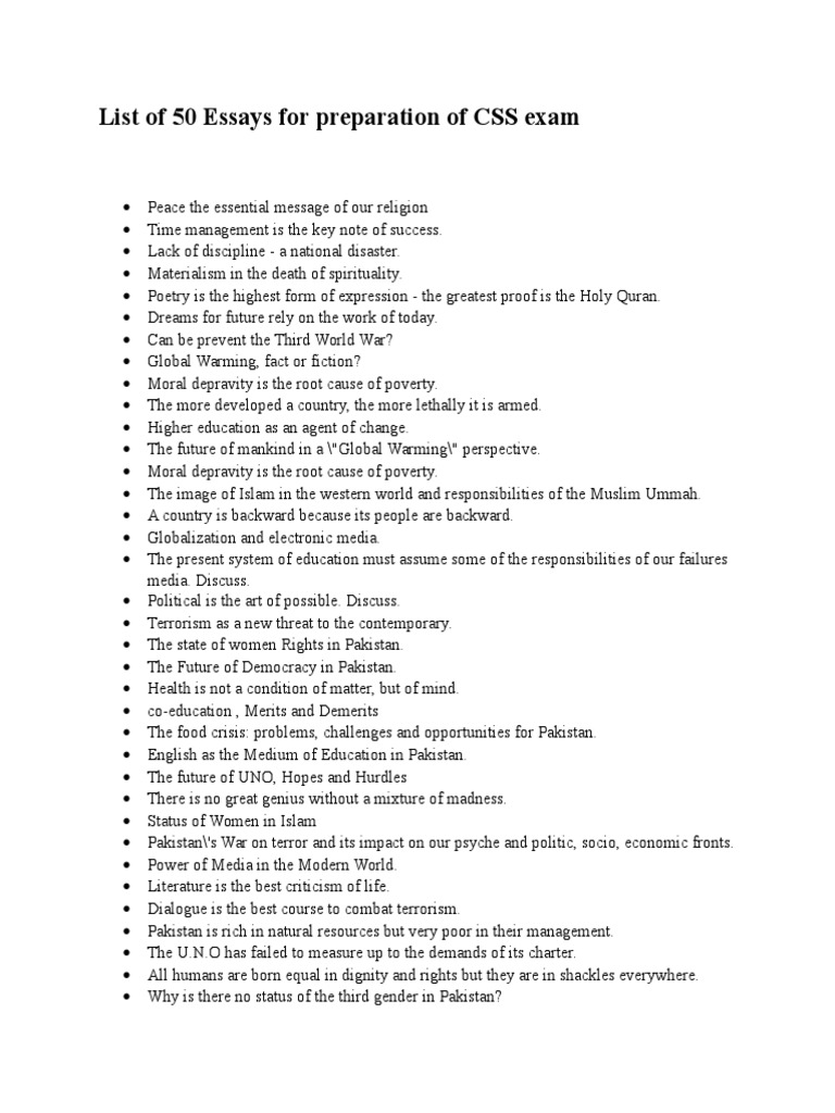 List of 50 Essays For Preparation of CSS Exam | PDF