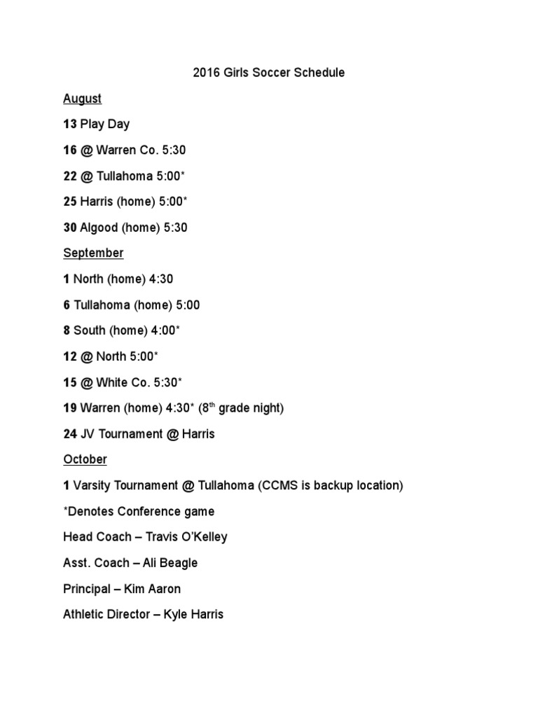 2016 Girls Soccer Schedule | PDF