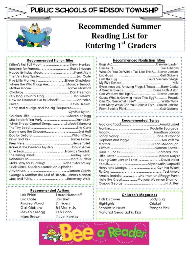 Public Schools of Edison Township: Recommended Summer Reading List For ...