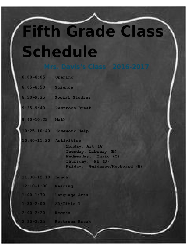Fifth Grade Schedule Cute | PDF