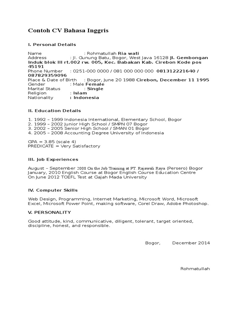Contoh CV Bahasa Inggris | PDF