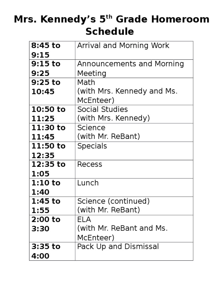 Mrs. Kennedy's 5th Grade Schedule | PDF | Language Arts & Discipline