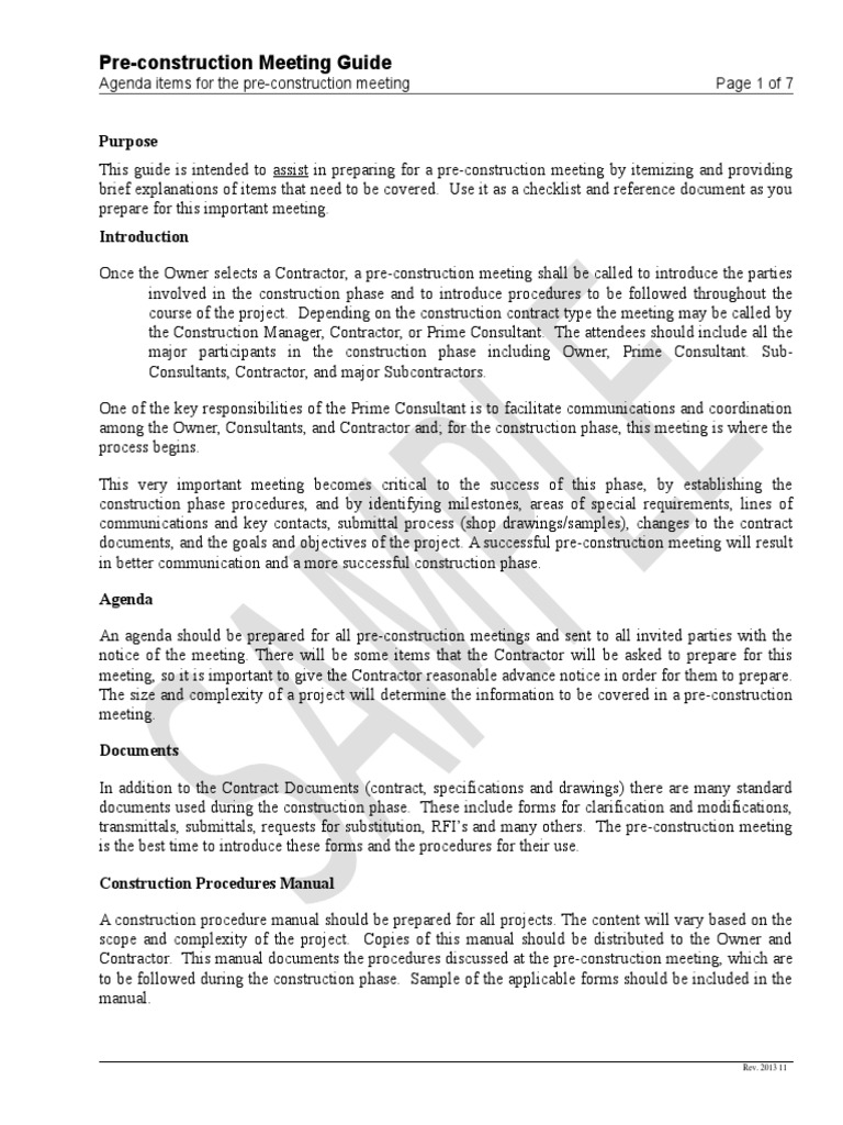Pre-Construction Meeting Agenda Guide | PDF | General Contractor ...
