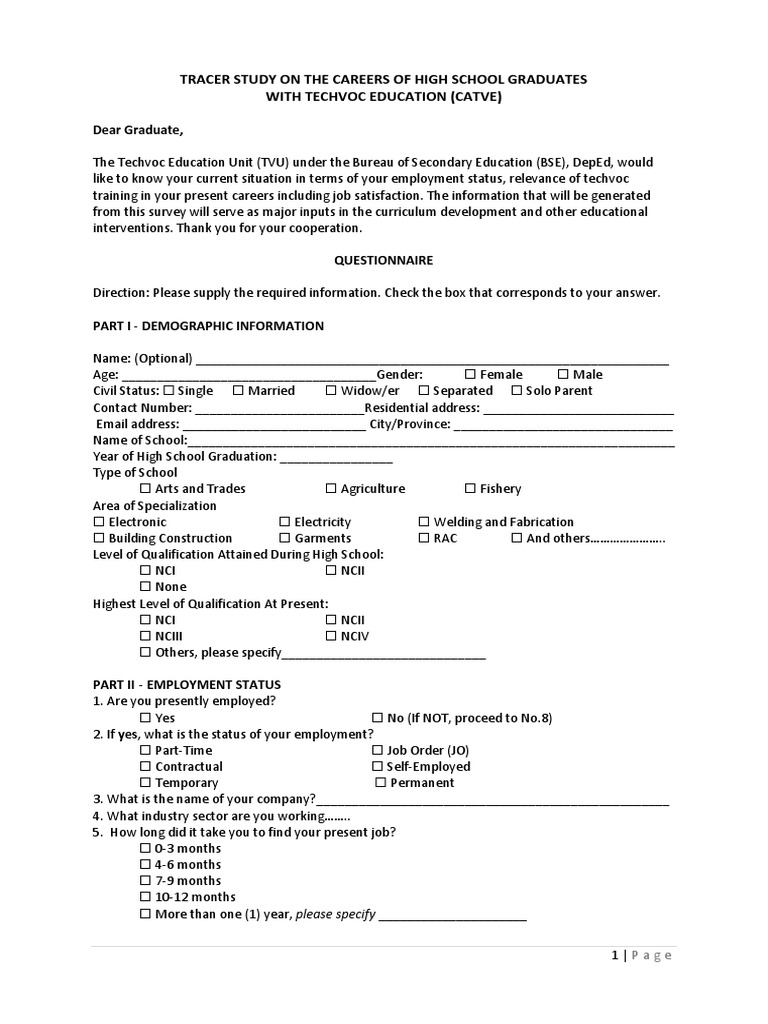 Tracer Study Questionnaire | PDF | Professional Development ...