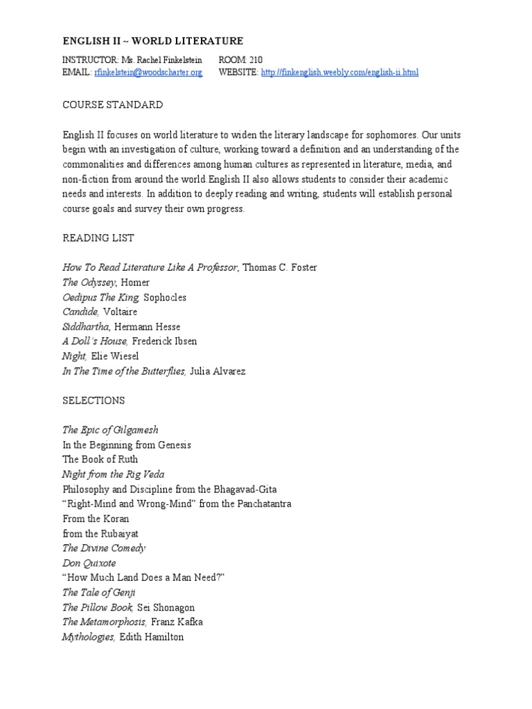 English Ii World Literature: INSTRUCTOR: Ms. Rachel Finkelstein ROOM ...