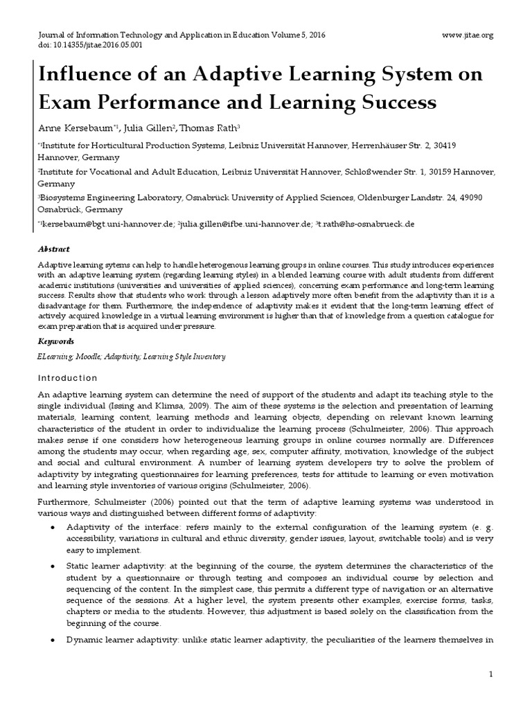 Influence Of An Adaptive Learning System On Exam Performance And