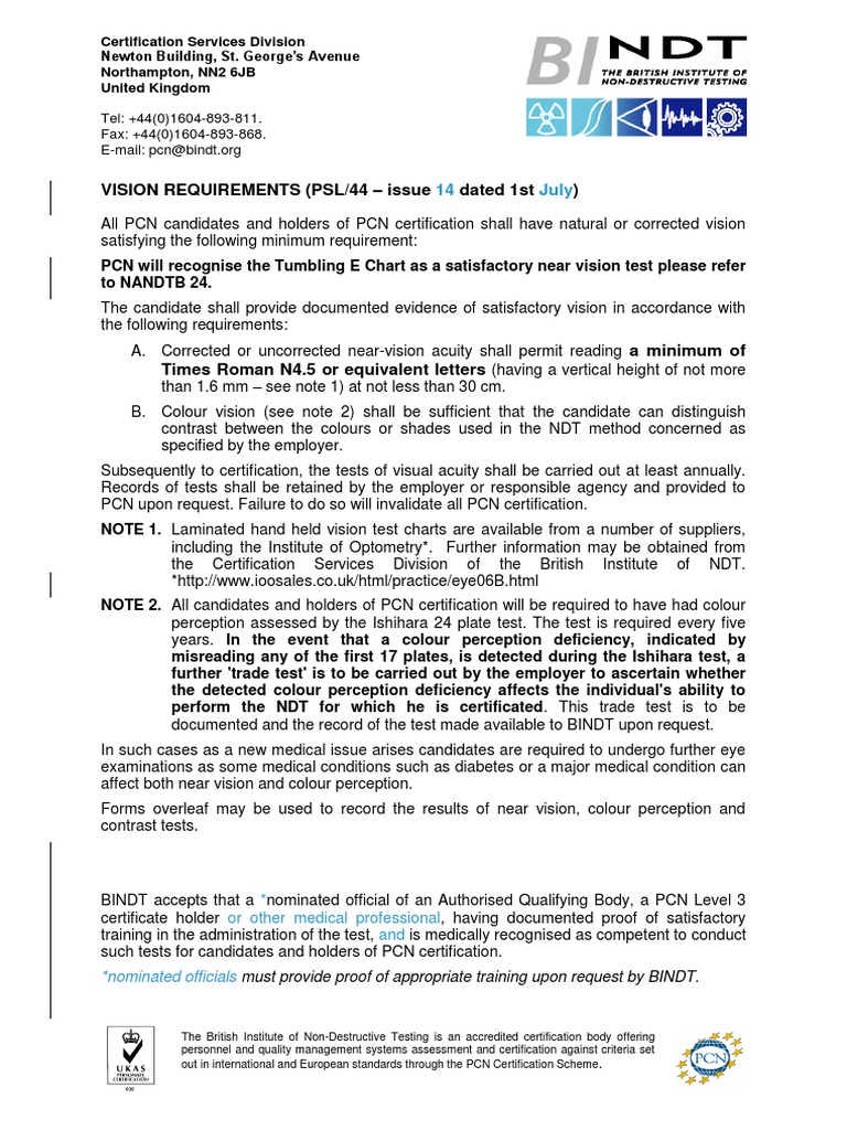 Vision Requirements for Non-Destructive Testing Personnel Certification ...