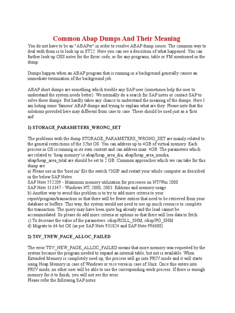 SAP ABAP Dump Solutions Guide | PDF | 64 Bit Computing | Operating System Technology