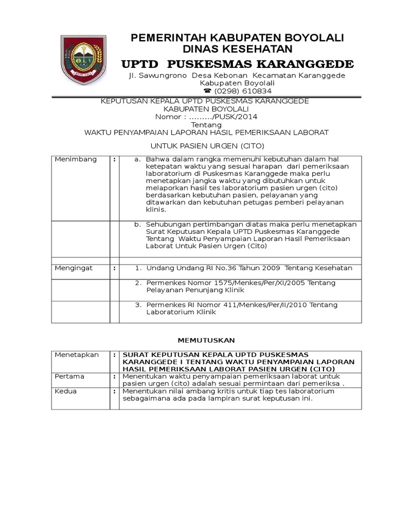 SK Waktu Penyampaian Laporan Hasil Pem Lab Untuk Pasien Urgen (Cito) | PDF