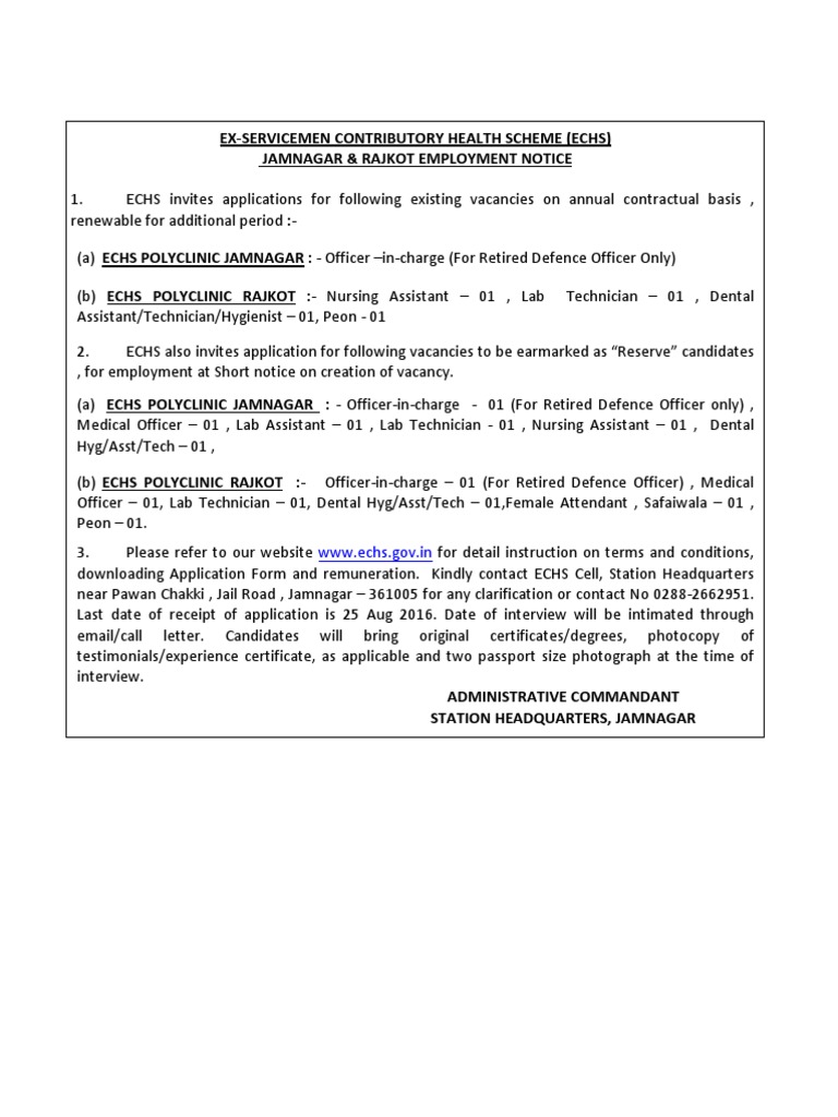 Ex-Servicemen Contributory Health Scheme (Echs) Jamnagar & Rajkot Employment Notice | PDF ...