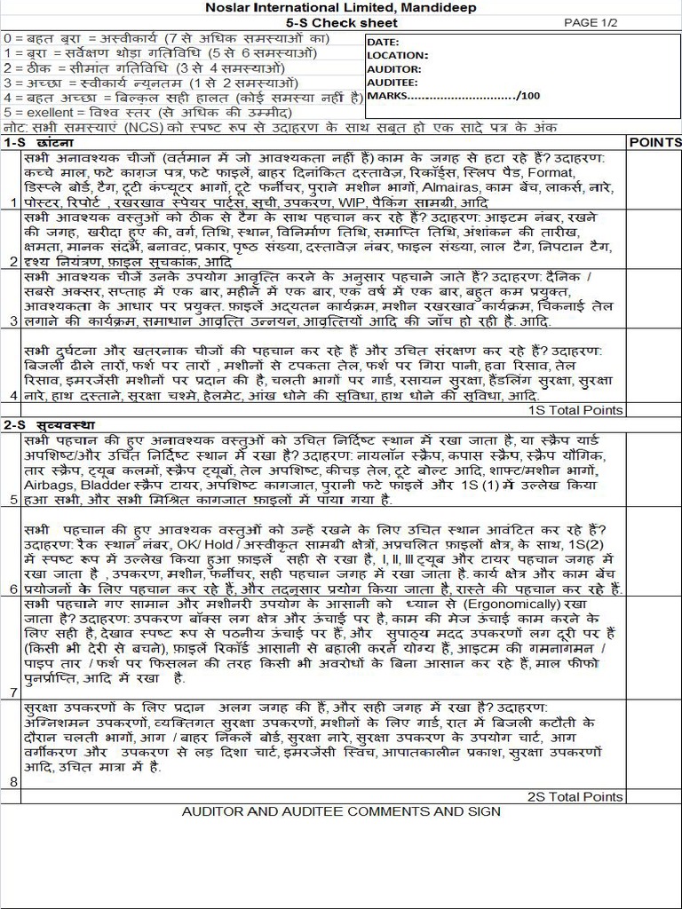 5 S Checksheet Hindi | PDF