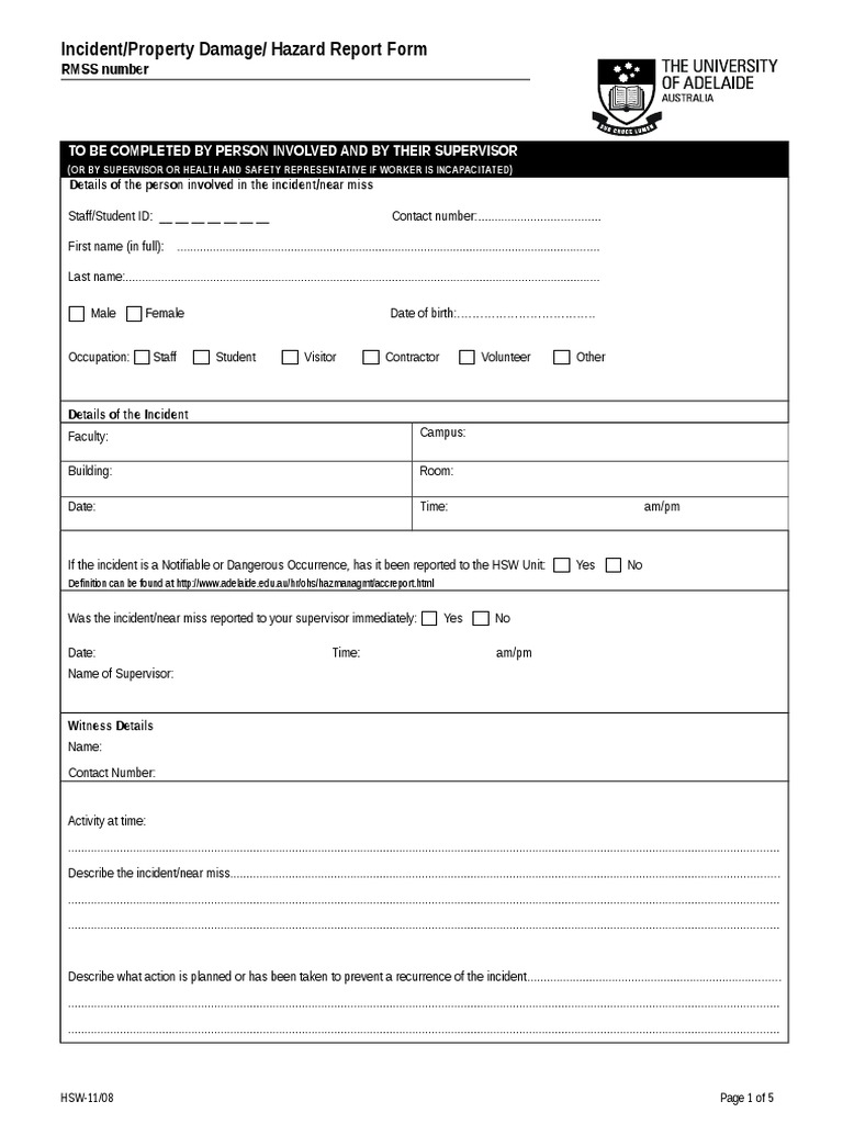 Incident/Property Damage/ Hazard Report Form: To Be Completed by Person ...