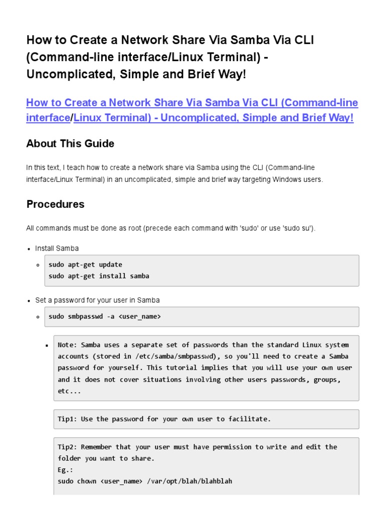 How To Create A Network Share Via Samba Via CLI (Command Line Interface/linux Terminal ...