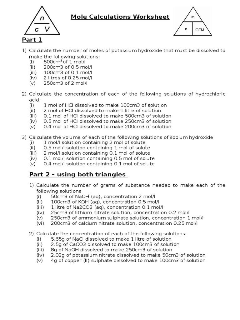 Mole Calculations Worksheet | PDF