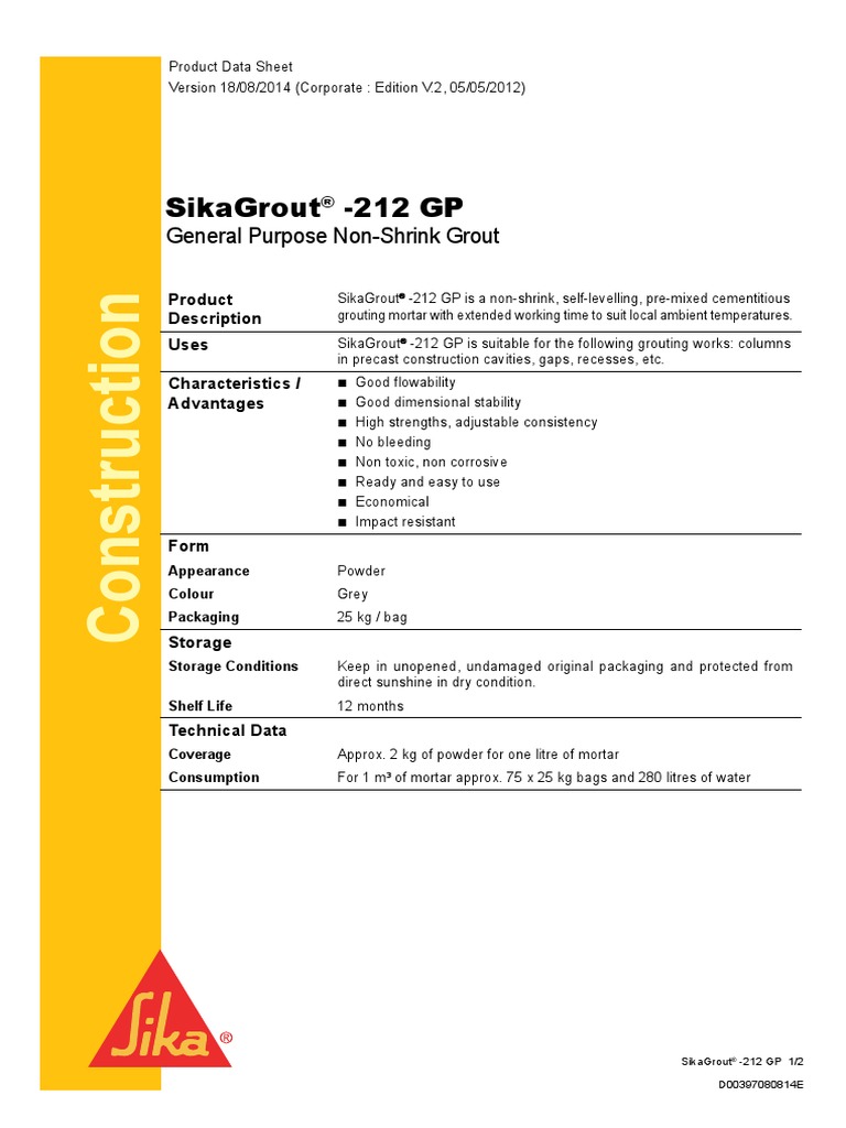 Sika PDS - E - SikaGrout - 212 GP PDF | PDF | Mortar (Masonry) | Concrete