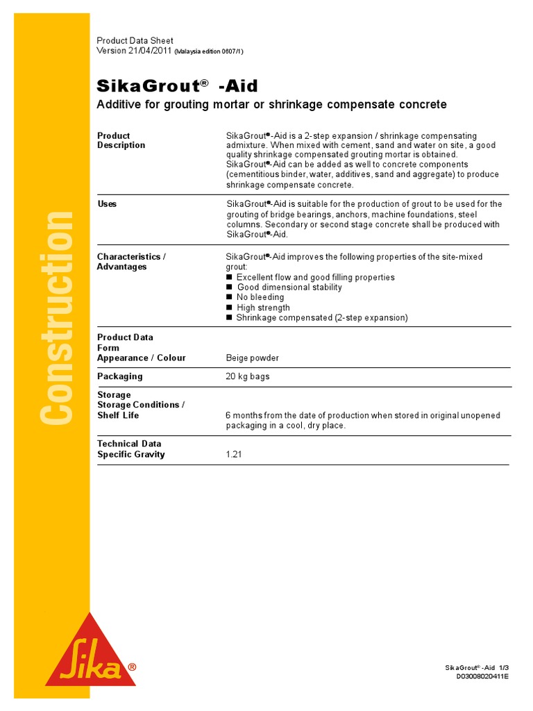 Sika PDS - E - SikaGrout - Aid PDF | PDF | Mortar (Masonry) | Casting (Metalworking)