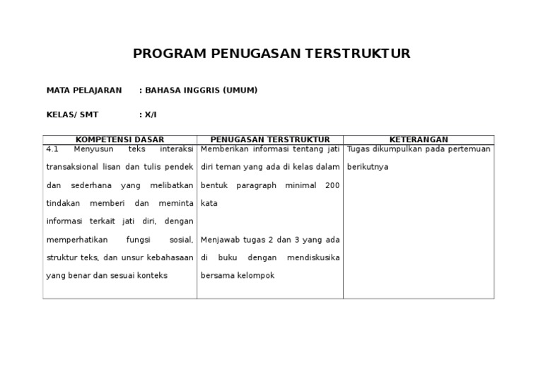 Program Penugasan Terstruktur Bhs Inggris Kls 10 Wajib | PDF