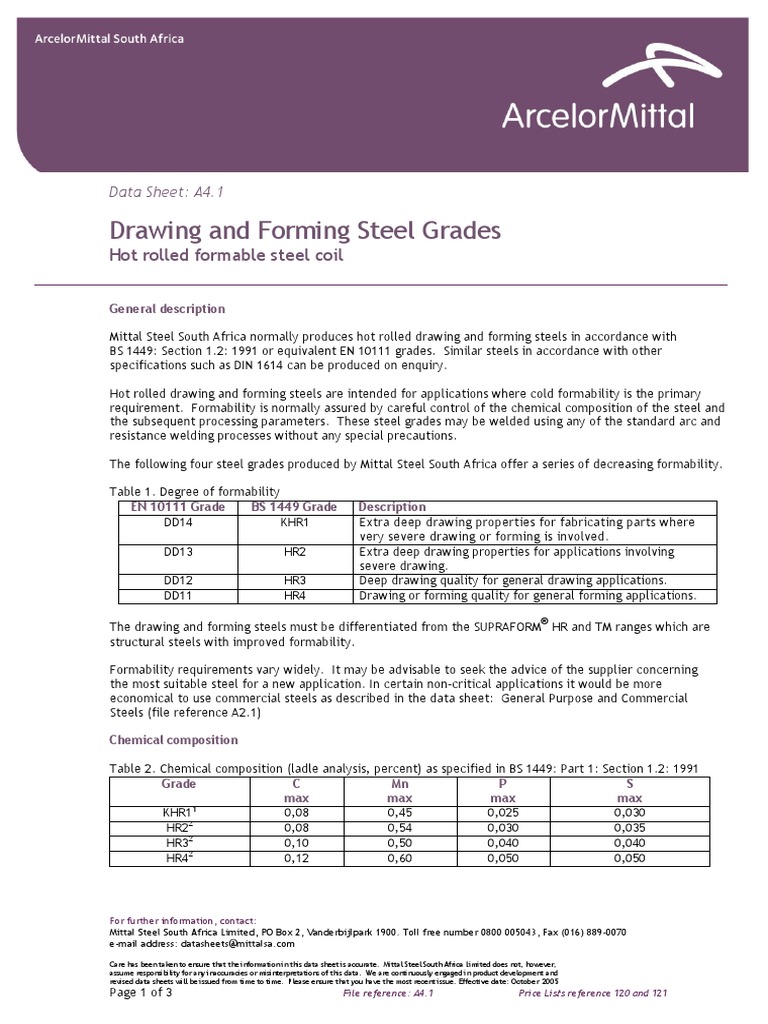 Hot Rolled Coil - Drawing & Forming Steel Grades PDF | PDF | Rolling ...