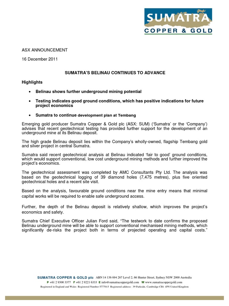 Development Plan at Tembang: Sumatra Copper & Gold PLC | PDF | Mining ...