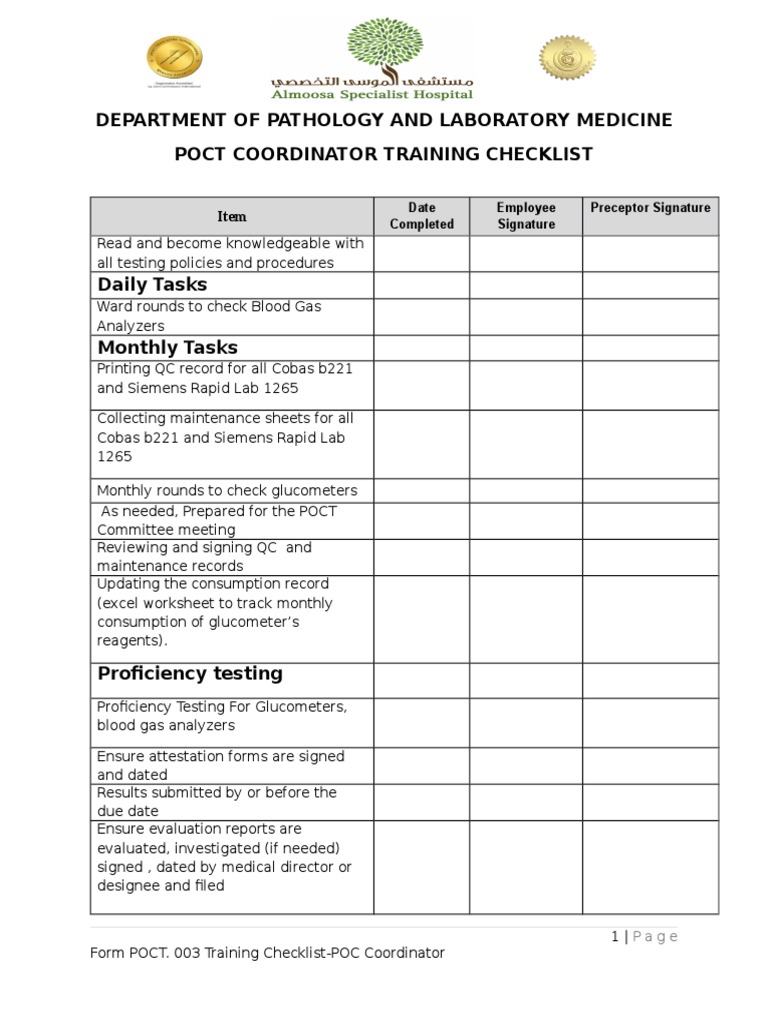 FORM POCT 001 Training Checklist-POC Coordinator (EDITTED) | PDF ...