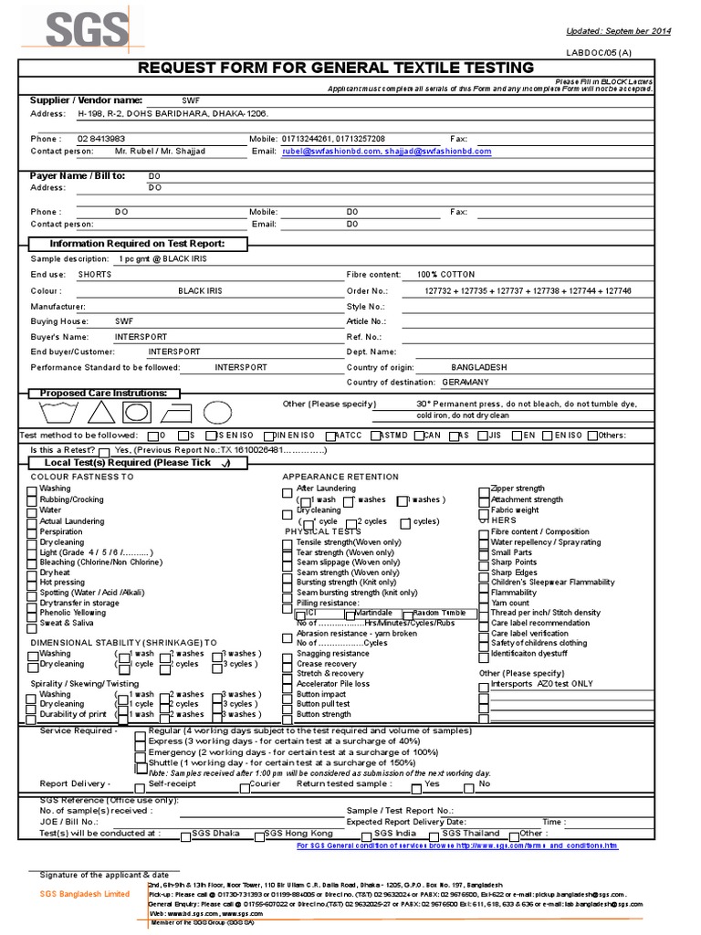 SGS Textile Testing Request Form | PDF | Knitting | Textiles