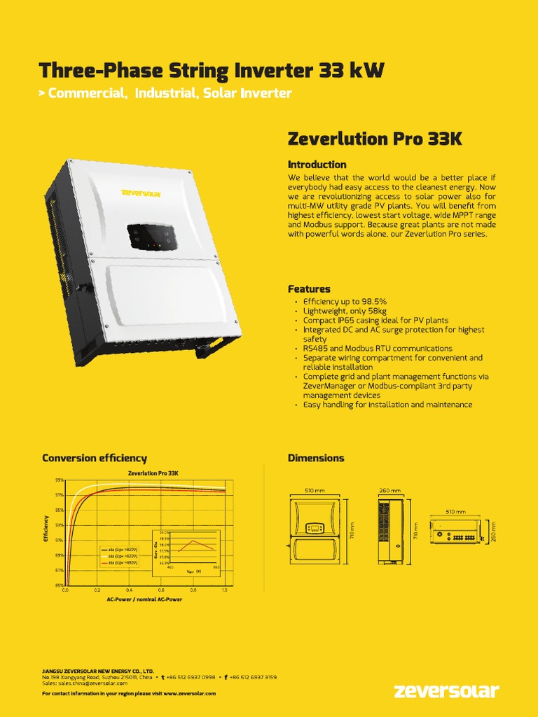 Zeversolar Datasheet Three Phase Inverters Zeverlution Pro 33K en | PDF