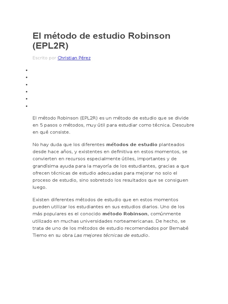 Método de Estudio Robinson (EPL2R) | PDF | Lectura (proceso) | Autor