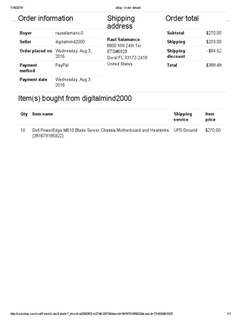 eBay Order Details for Dell Server Purchase | PDF | Business ...