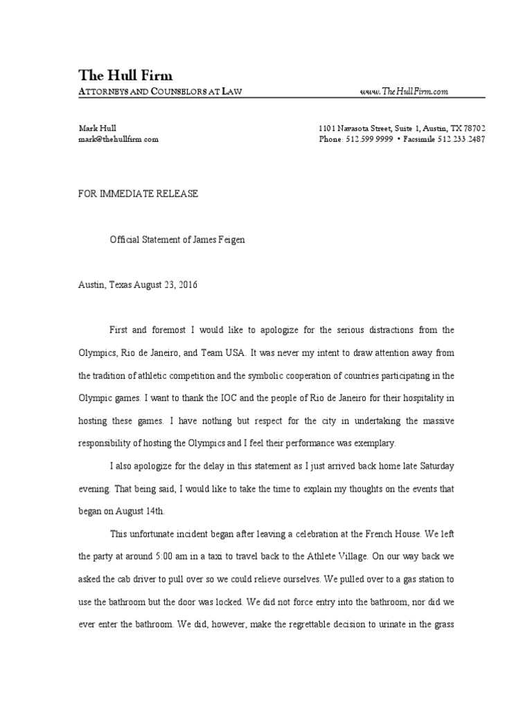 Official Statement James Feigen Aug 23 2016 | PDF | Law