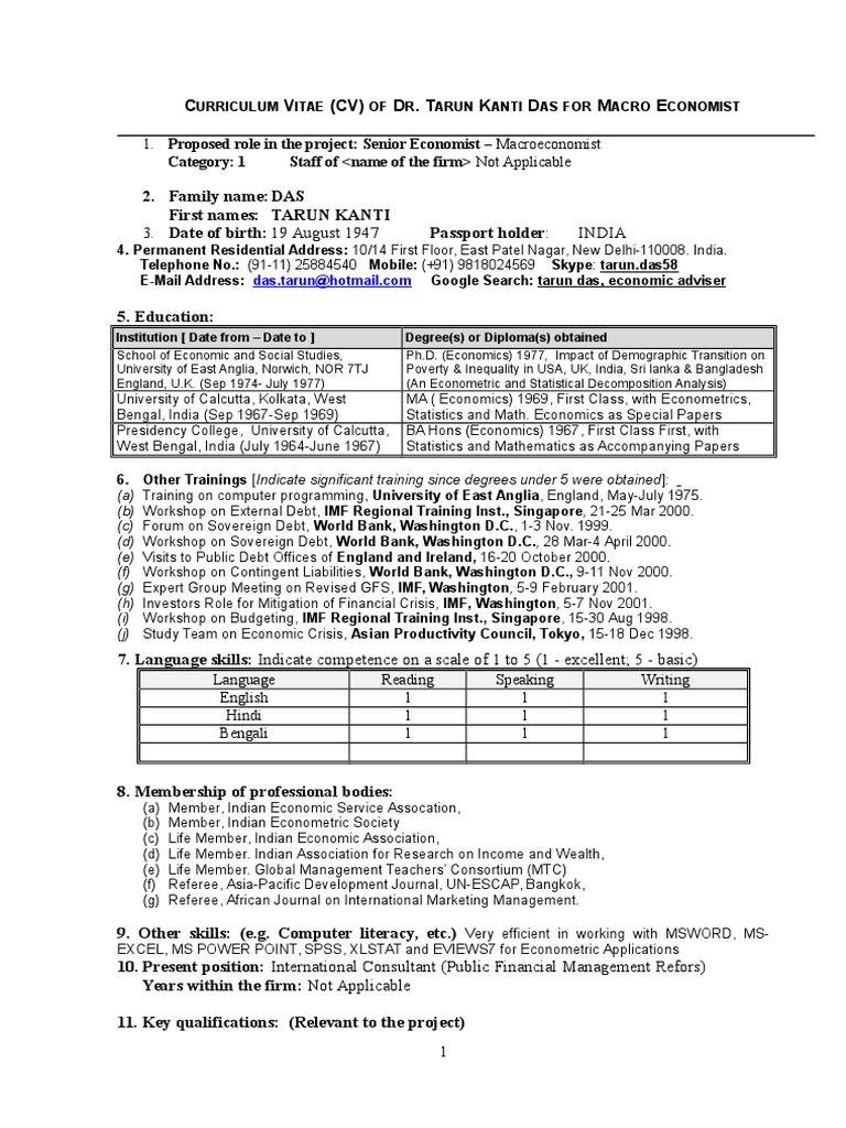 CV Tarun Das For Macro Economist August 2016 | Download Free PDF | World Bank | Macroeconomics