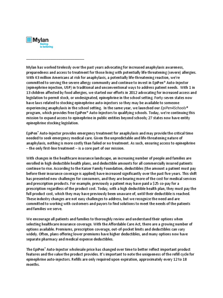 Mylan EpiPen Statement | Epinephrine Autoinjector | Mylan