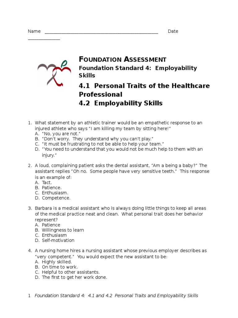 Assessment Standard 4 Traits Employability Skills TEST | PDF | Nursing ...