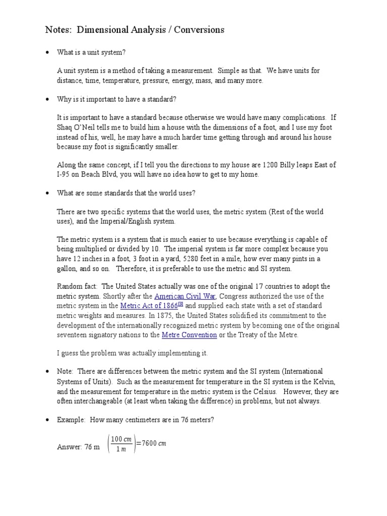 Notes 1.1 - Dimensional Analysis-Conversion | PDF | Units Of ...