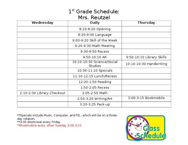 1st Grade Daily Class Schedule | PDF