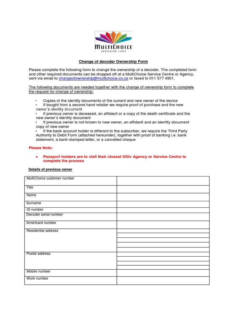 MultiChoice Change of Decoderownership Form | PDF