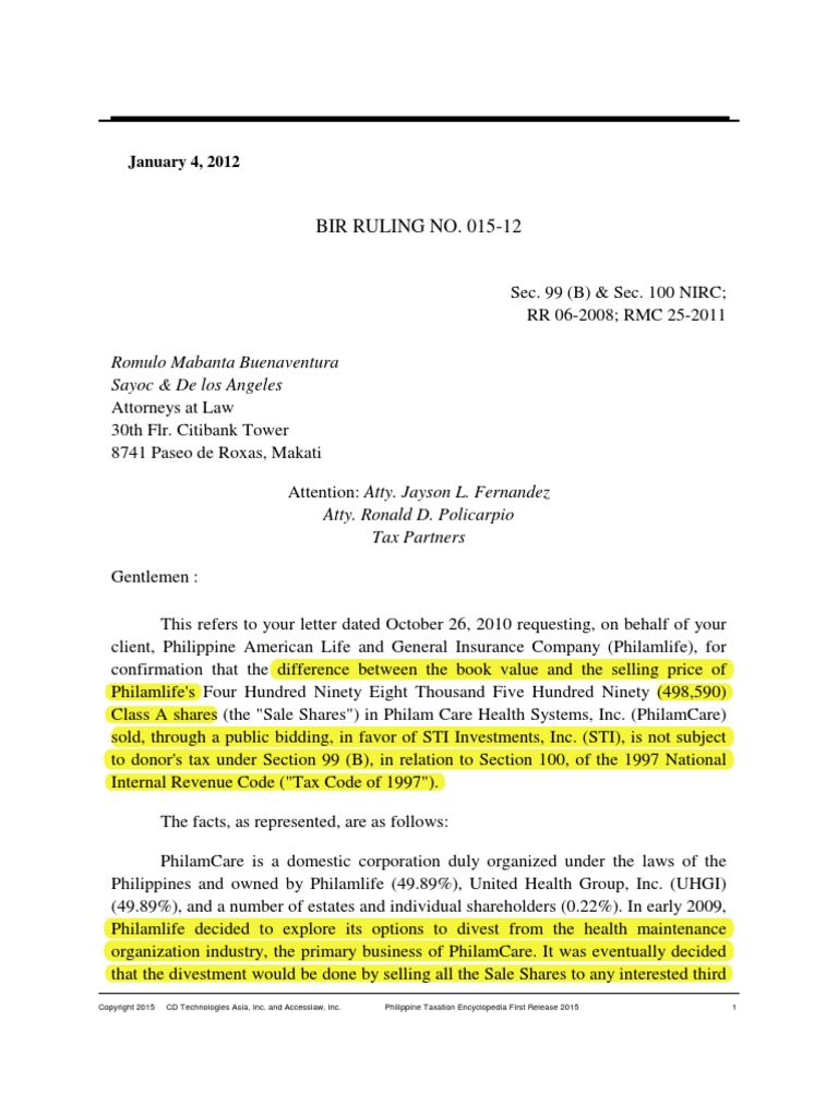 BIR Ruling No. 015-12 | Taxes | Stocks