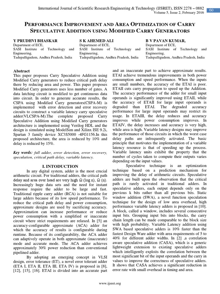 Performance Improvement and Area Optimization of Carry Speculative Addition Using Modified Carry ...